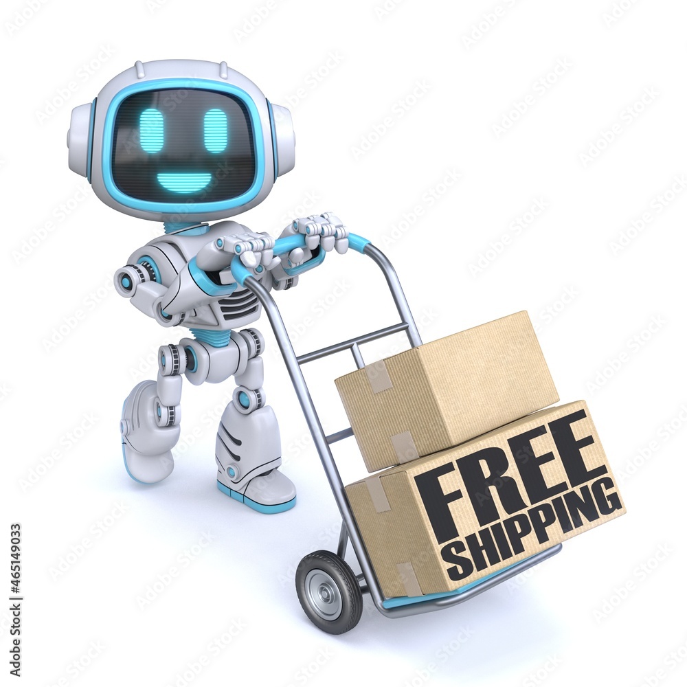 Cute blue robot with hand truck Free shipping concept 3D Stock ...
