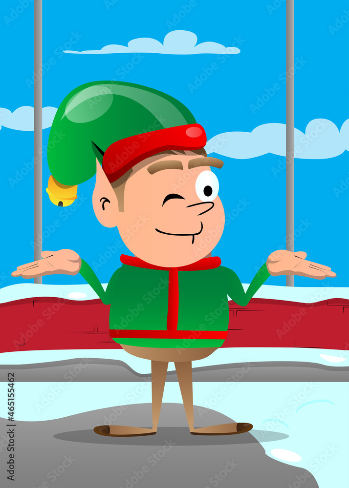 Christmas Elf shrugs shoulders expressing don't know gesture. Vector ...