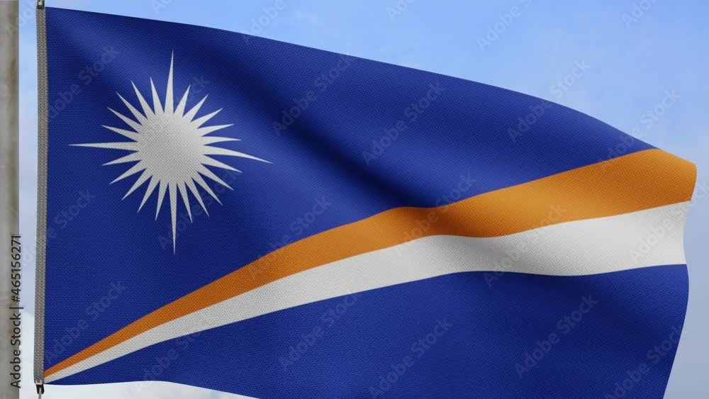 3D, Marshallese flag waving on wind with blue sky and clouds. Marshall ...