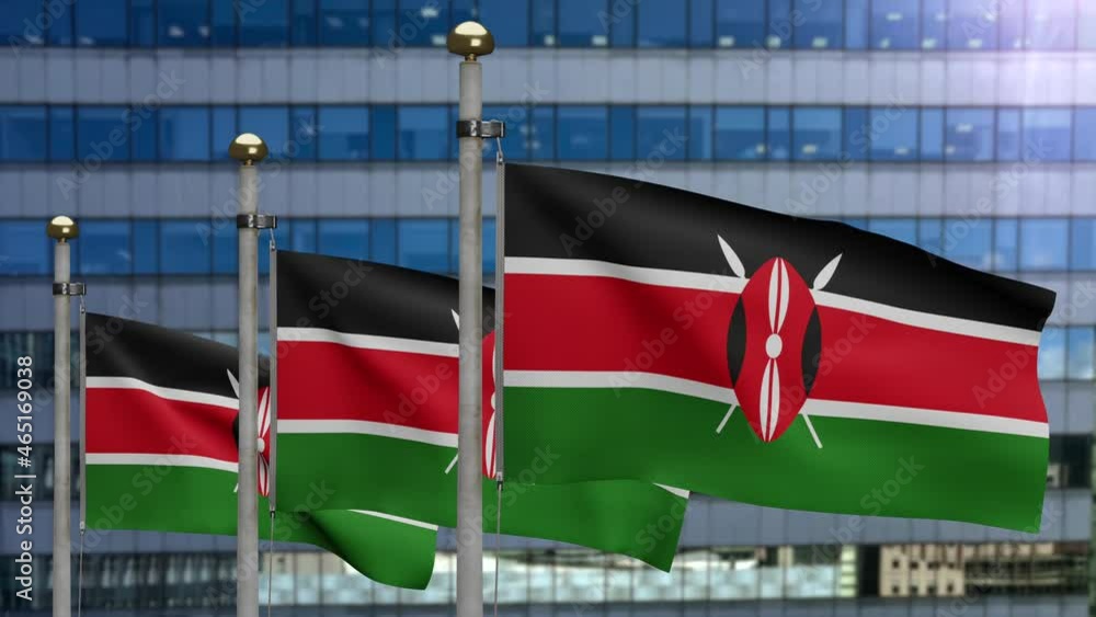 3D, Kenyan flag waving on wind with modern skyscraper city. Kenya ...