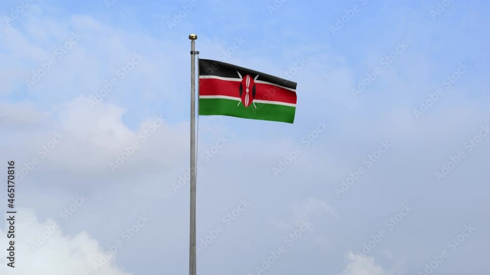 3D, Kenyan flag waving on wind with blue sky and clouds. Kenya banner ...