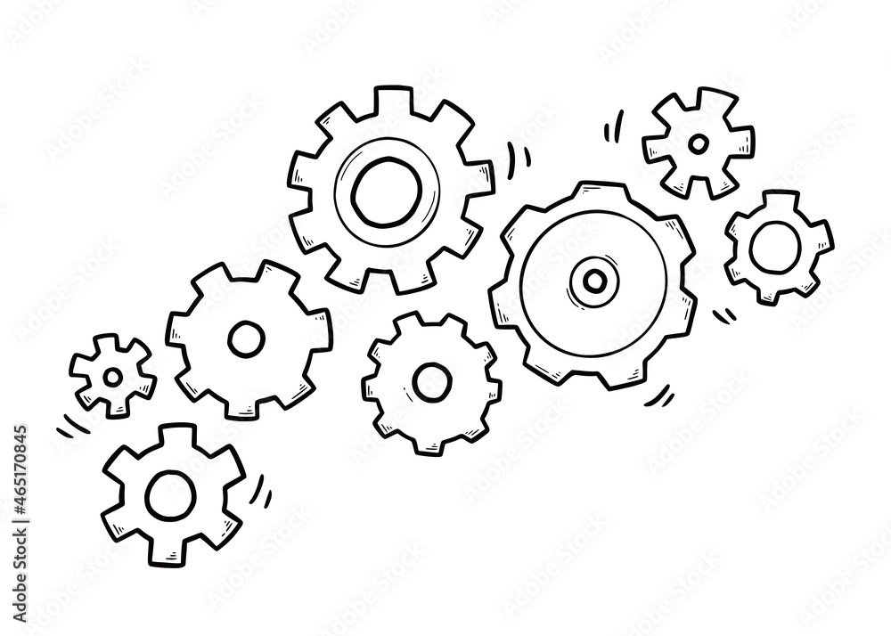Hand drawn gear set. Doodle sketch style gear mechanism. Concept of ...