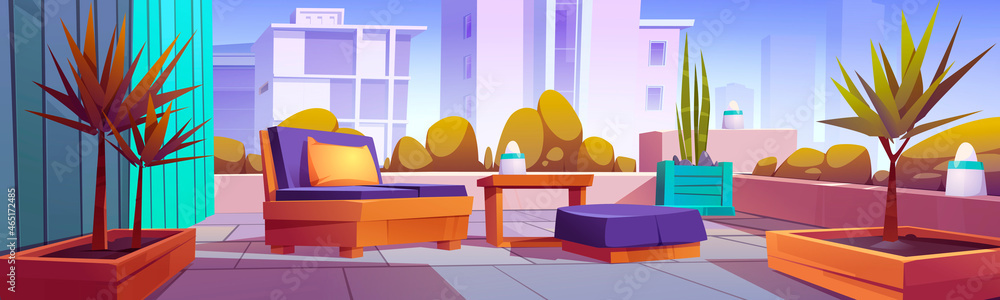 Rooftop garden, building terrace with green plants and furniture for ...