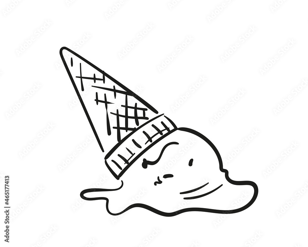 Dropped ice cream doodle cartoon black line sketch on white background ...