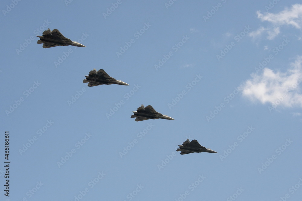 Russian multi-purpose fighters of the fifth generation Su-57 in the sky ...