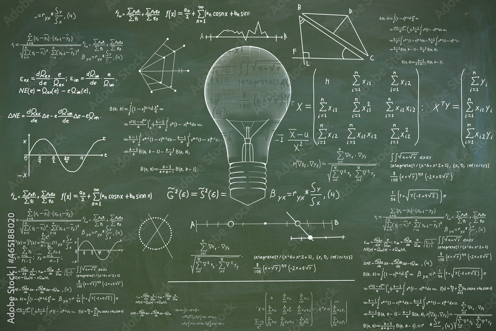 Abstract lamp sketch with mathematical formulas on chalkboard ...