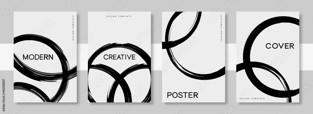 Set of black and white cover design template with round brush strokes ...
