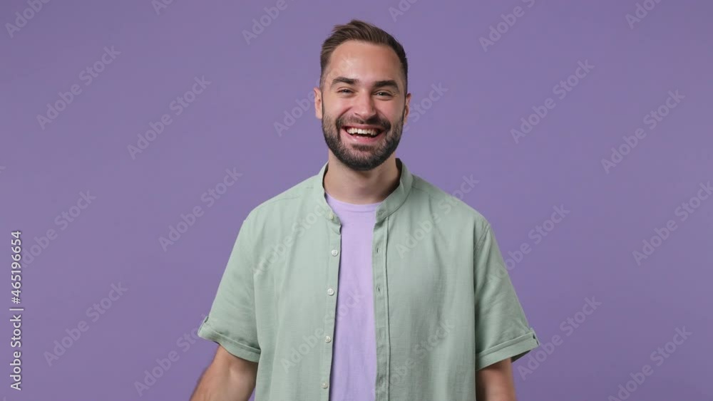 Smiling cheerful happy attractive charming fun young bearded man 20s ...