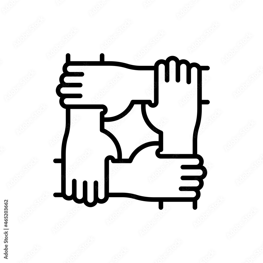 Joint charity thin line icon, four hands holding each other for wrist ...