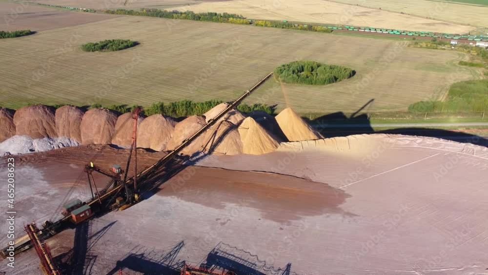 Aerial view of a conveyor in salt pits, mining of potash and salt ...