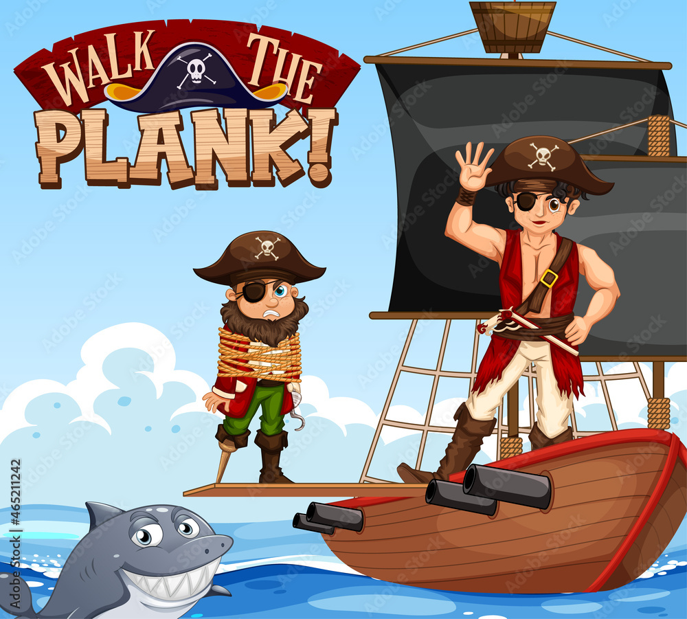 Walk The Plank font banner with pirate cartoon character with pirate ...
