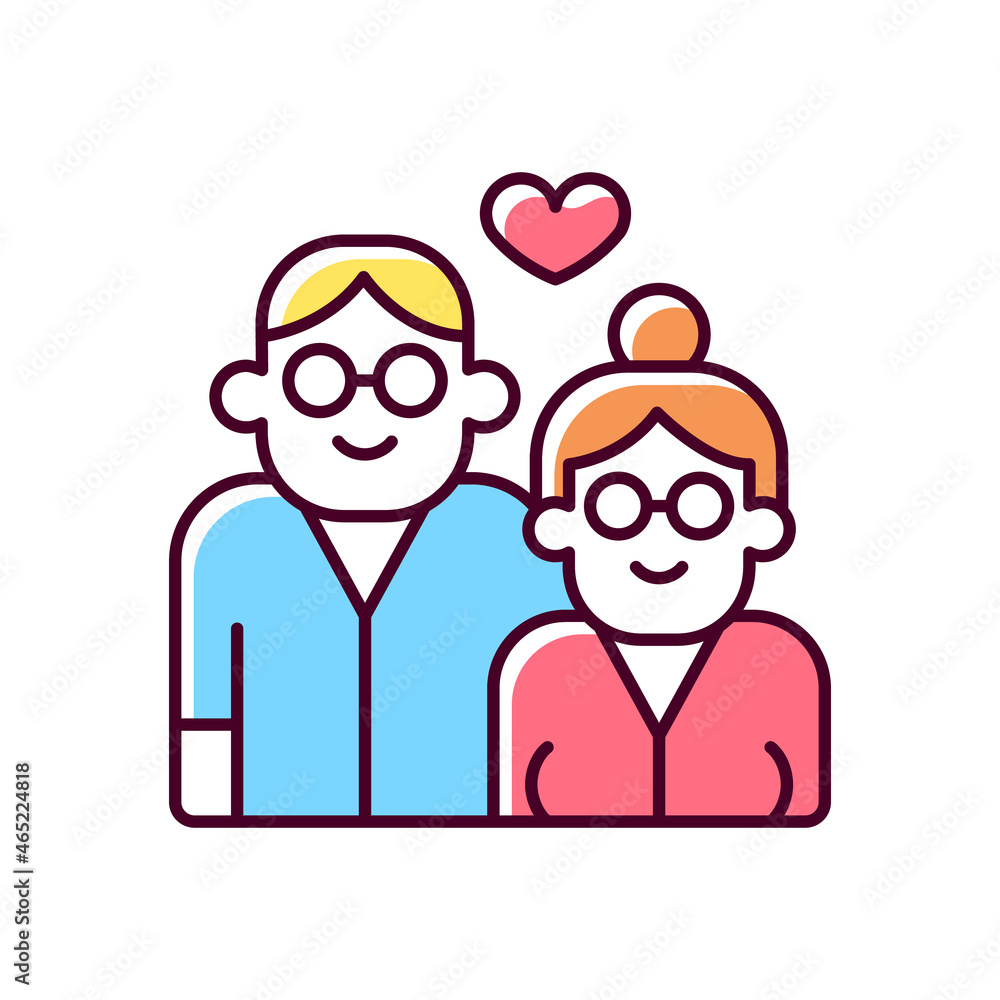 Elderly couple in love RGB color icon. Long term romantic relationship ...