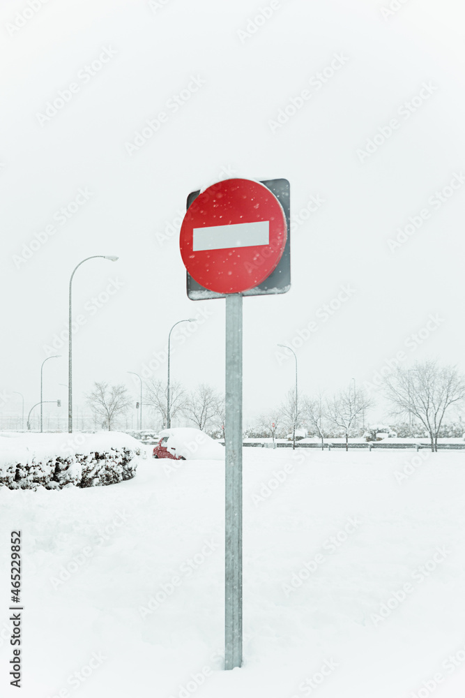No entry sing in snow near road Stock Photo | Adobe Stock