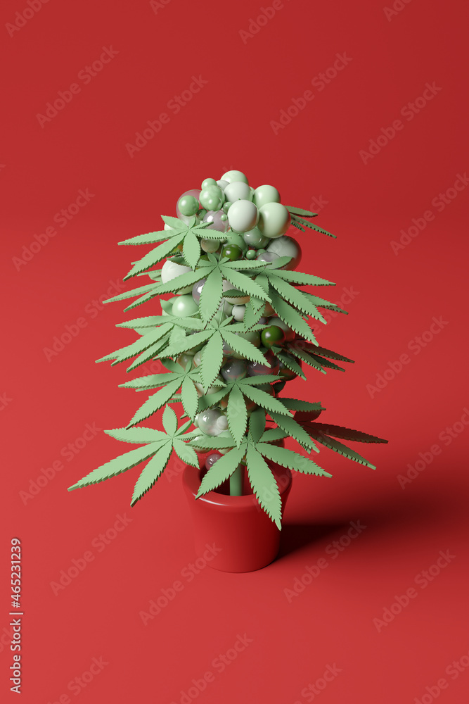 Three dimensional render of potted cannabis plant standing against red ...