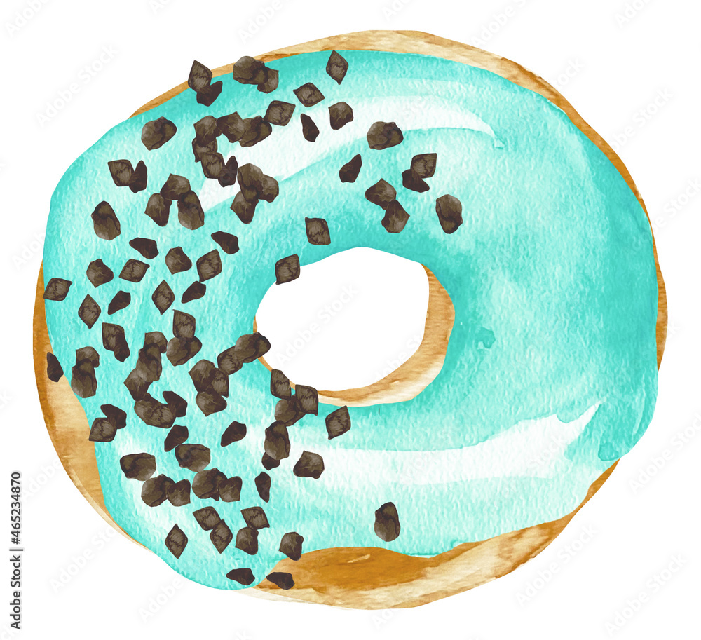 Watercolor sweet donut in blue glaze. Sprinkles colorful donut ...