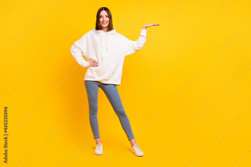Full length body size view of attractive cheerful girl holding copy ...