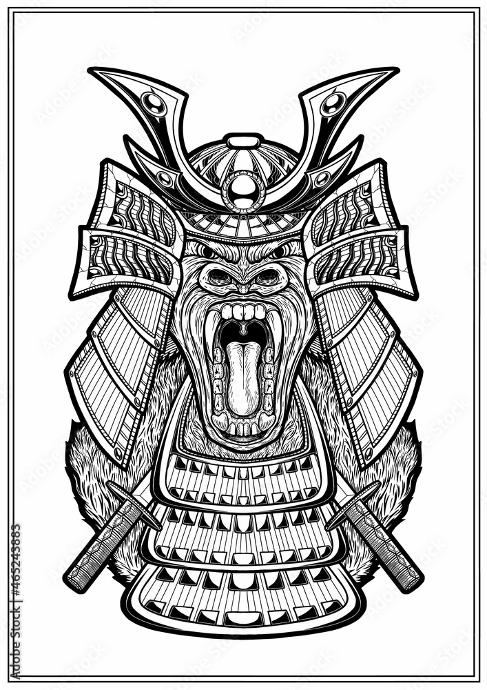 Samurai monkey with wide open mouth and big fangs close-up, portrait of ...