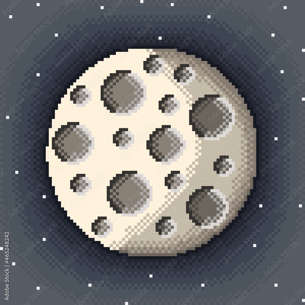 Moon planet in space. Moon pixel art. Vector illustration. Happy ...