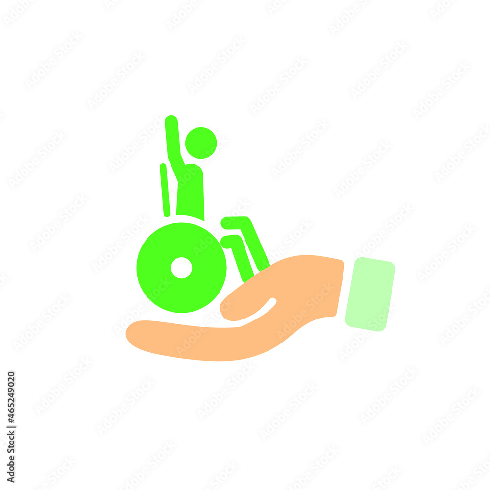 The palm supports a person in a wheelchair. Pictogram of a palm and a ...