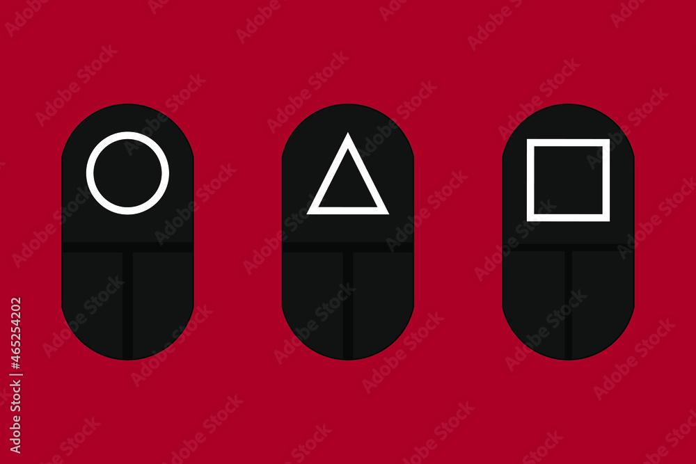 Set of black masks with white patterns Square, Circle, Triangle in red ...