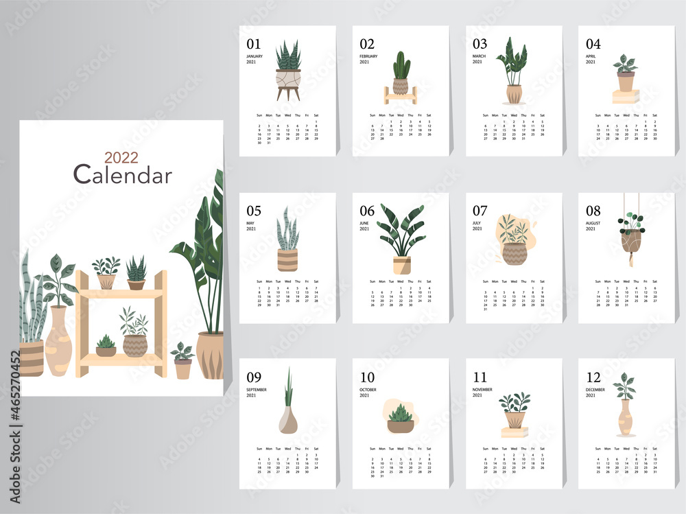 Cute calendar 2022 design,The year of plant monthly cards templates,Set ...