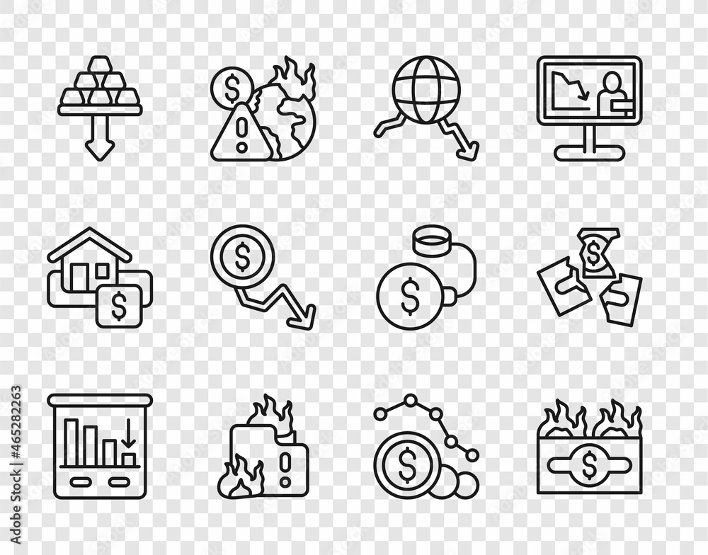 Set line Pie chart infographic, Burning dollar bill, Global economic crisis, Fire burning house ...