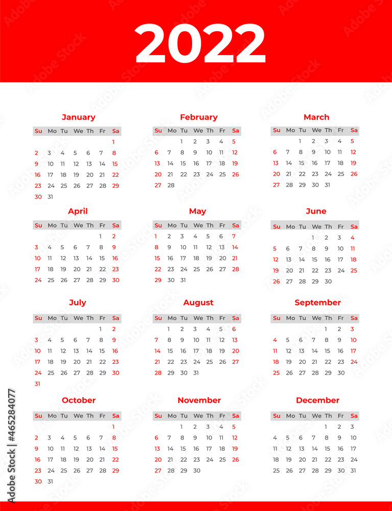 2022 wall calendar design with red color. calendar 2022 week start ...