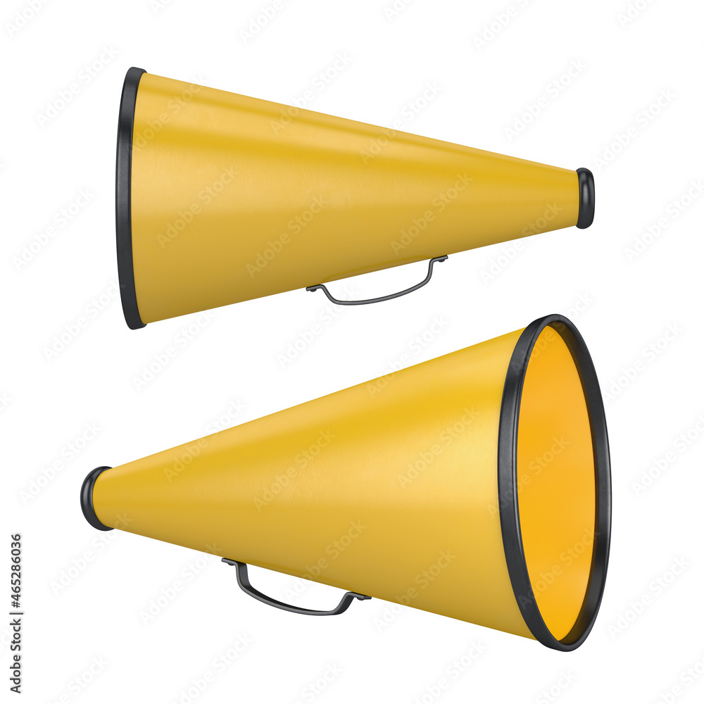 Old megaphone yellow from two angles on a white background, 3d render ...