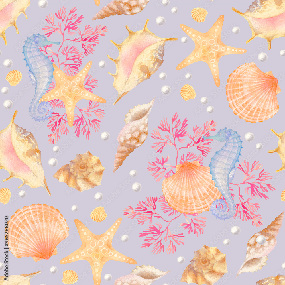 Vector sea pattern in watercolor style with seashells, corals, starfish ...