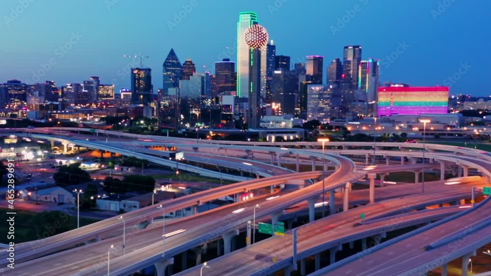 Aerial Hyperlapse of freeway traffic at sunset and downtown Dallas ...