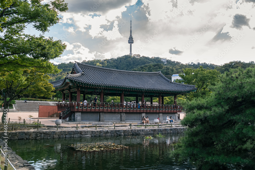The famous Namsan Hanok Village and Namsan N Seoul Tower in Seoul ...