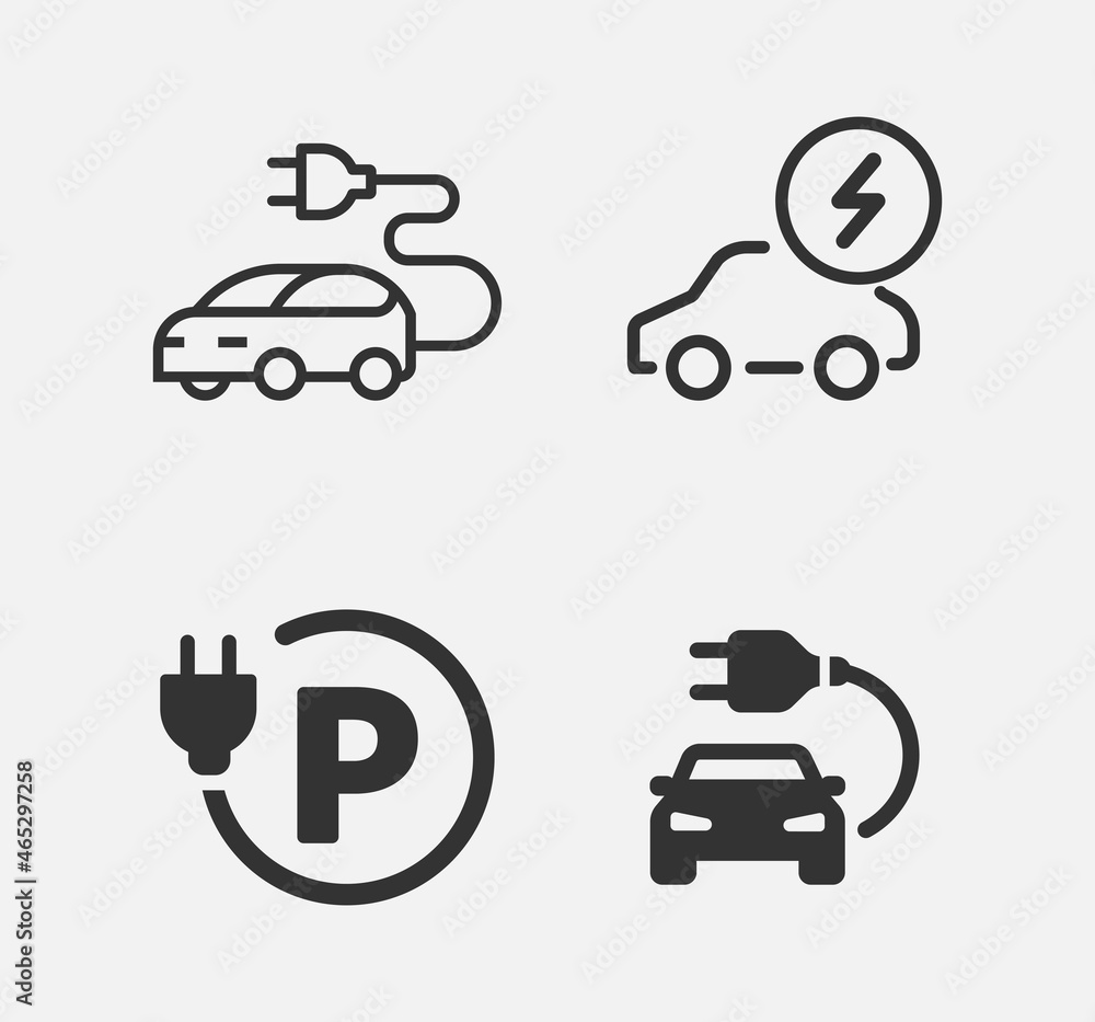 Electric car icon set. Electrical automobile cable contour and plug ...