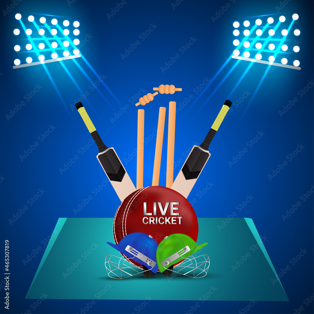 Cricket tounament match with cricket equipment and stadium background ...