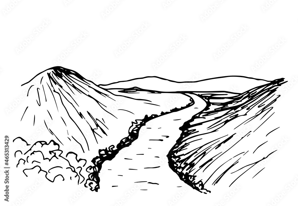 Simple hand-drawn vector black and white sketch. Mountain landscape ...