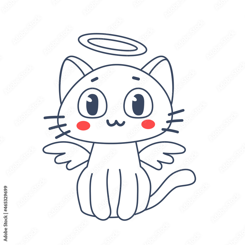 Vector illustration of happy cute cat character with halo over head and ...