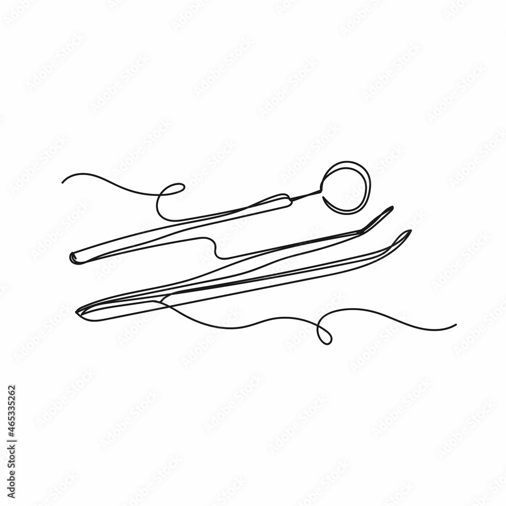 Vector continuous one single line drawing icon of dental instruments in ...