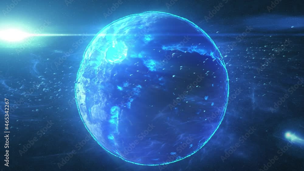 Dying planet in deep space with asteroids and sun flares Cinematic view ...