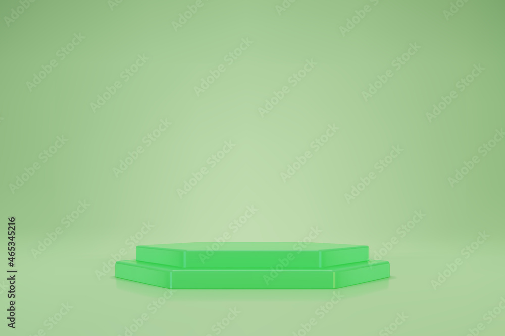 3D pastel green double hexahedral podium on light background. Empty ...
