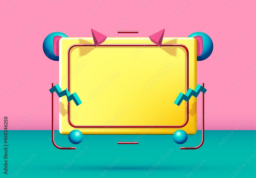 Abstract 90s styled frame with flying 3d objects and shapes. Pink and ...