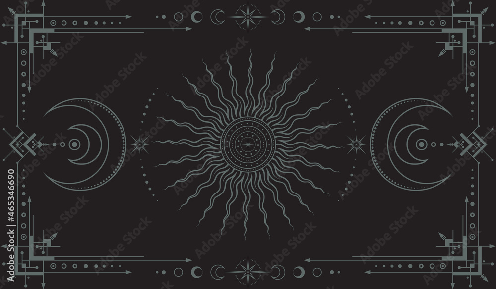 Vector mystical dark boho background with ornate outline geometric ...
