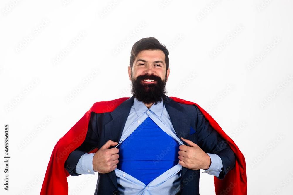 Super businessmen in red cape showing blue shirt. Save the world ...