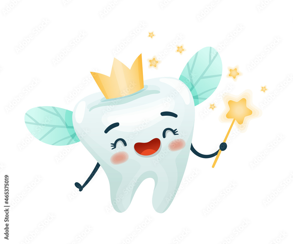 Cute tooth fairy character with magic wand. Oral care, mouth hygiene ...