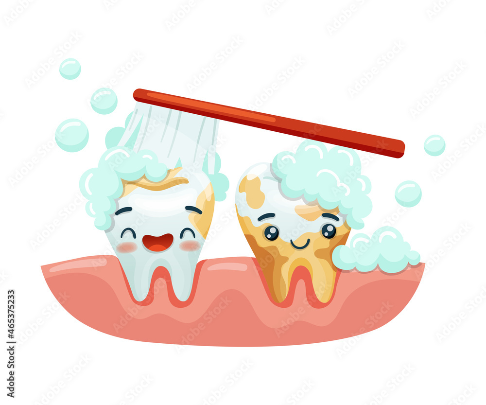 Cleaning and whitening. Teeth characters with funny faces. Oral care ...