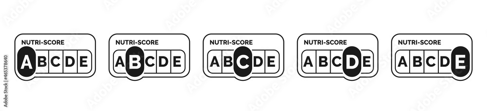 Nutri-score black icons set : A, B, C, D, E. Isolated Nutriscore label ...
