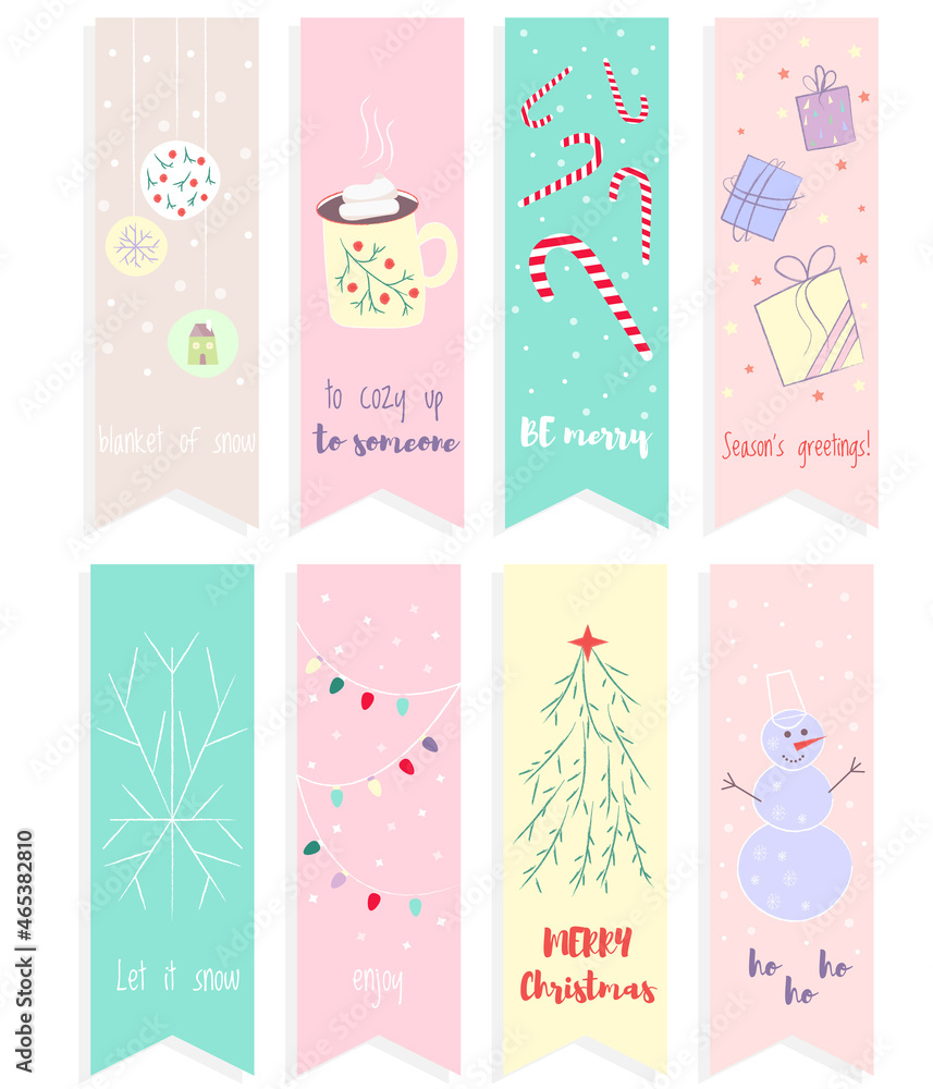 Christmas gift tags, bookmark set incartoon style. Holiday celebration ...