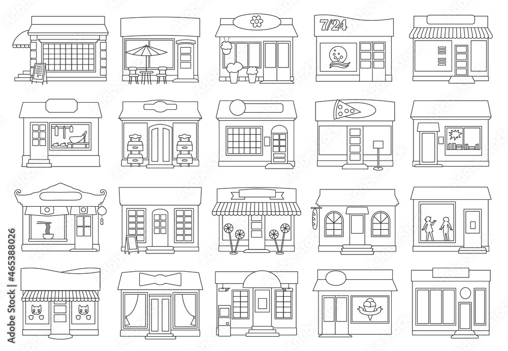 Facade store vector outline set icon. Vector illustration storefront on ...