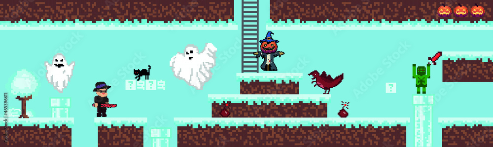 Retro video games, halloween arcade games ghosts, monsters, card ...