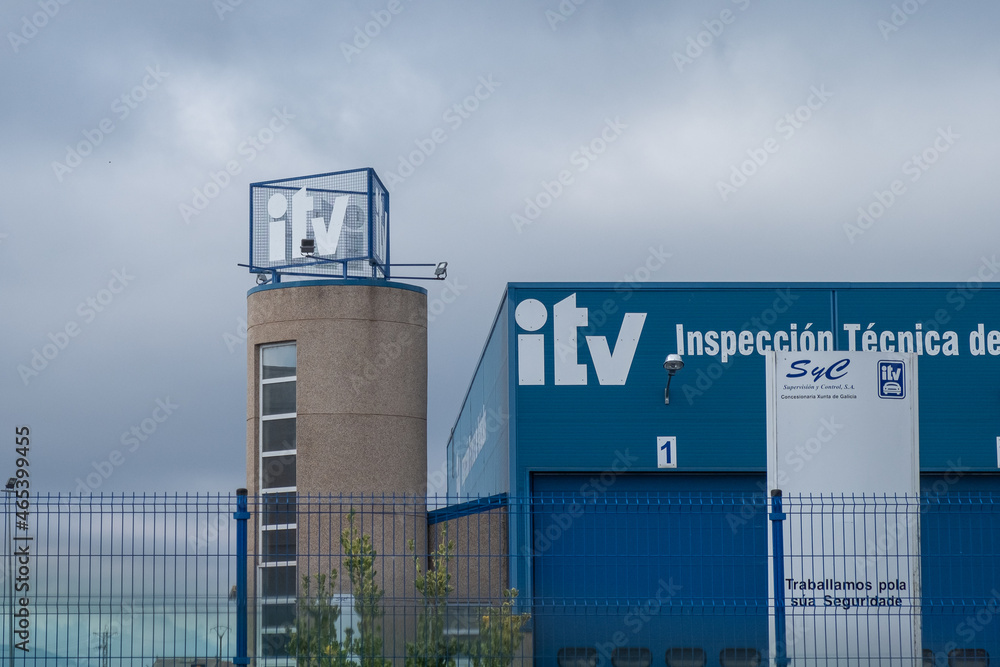 ITV station center sign (Vehicle Technical Inspection) with a cloudy ...