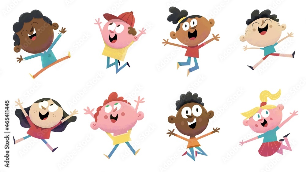 Happy Diverse Kids Boys and Girls Jumping Inclusive Cartoon Children ...
