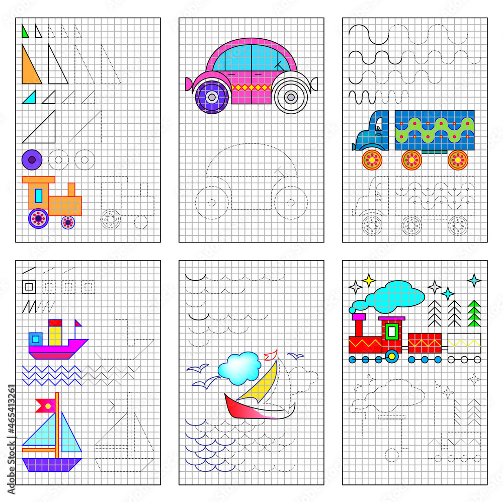 Set of educational pages on square paper for kids. Printable worksheets ...